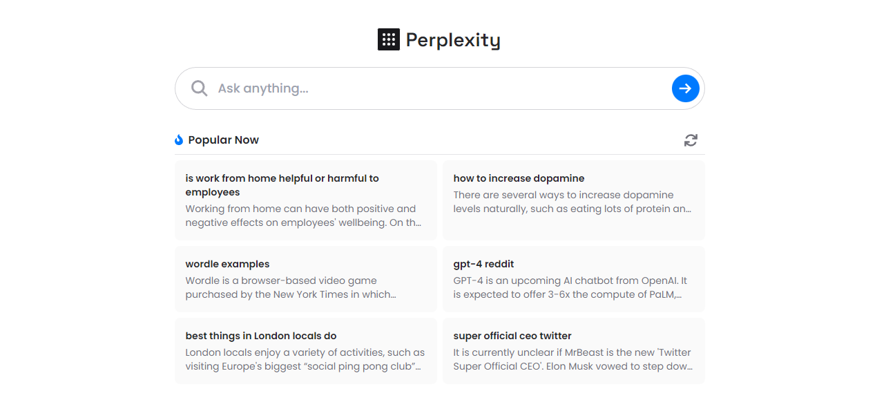 Perplexity AI：Perplexity AI是一个人工智能搜索引擎。这是一个受OpenAI WebGPT-AI工具箱