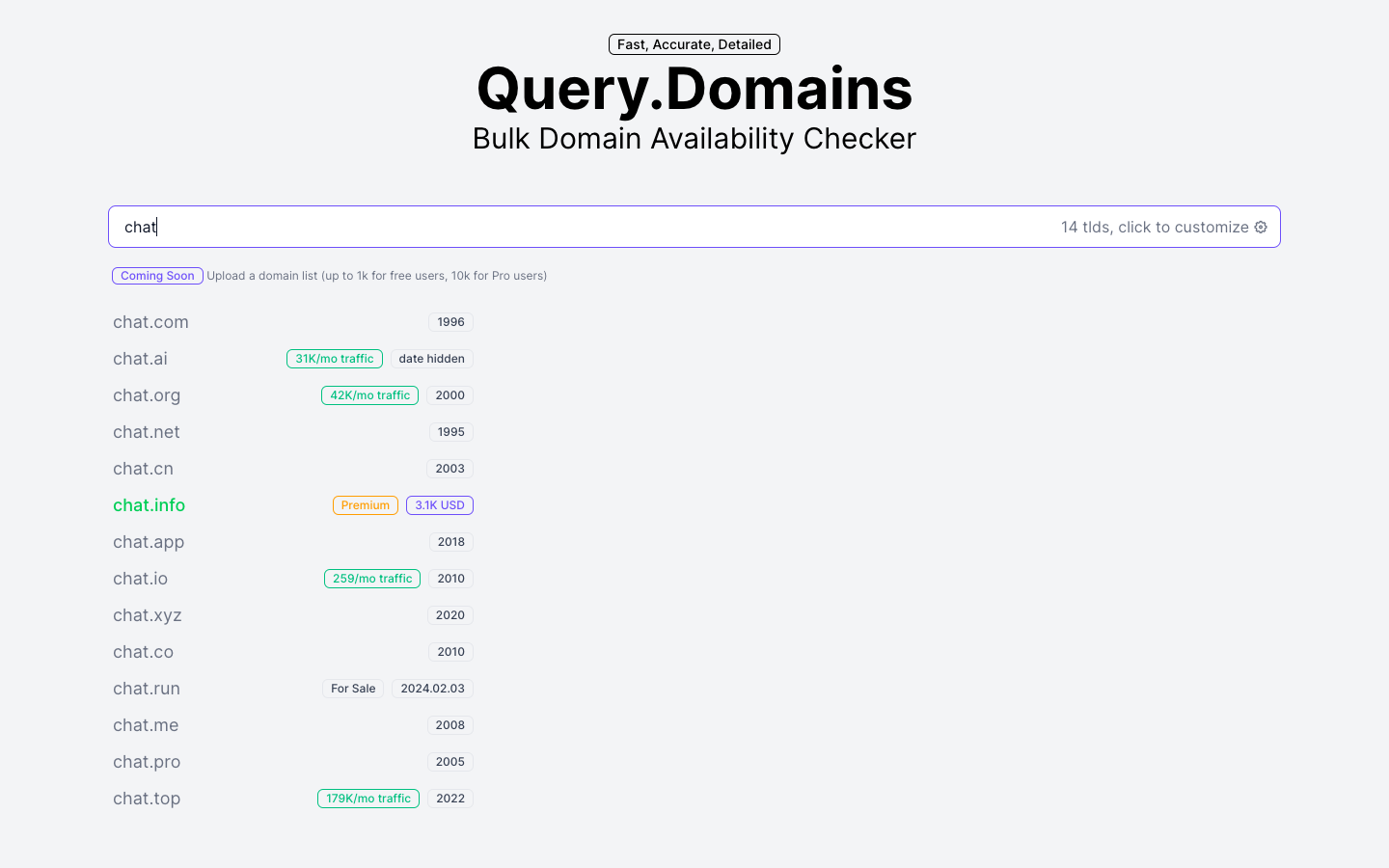 Query.domains域名可用性查询：Query.Domains: Free Bulk check domain availability based on -AI工具箱
